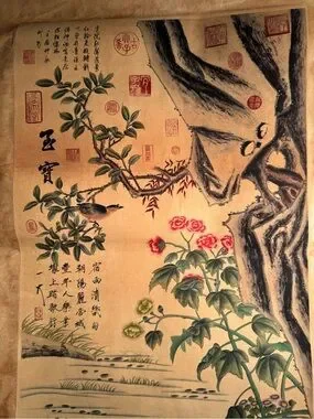 Wall Decor | Old Antique Chinese Painting Scroll Flowers And Birds On ...